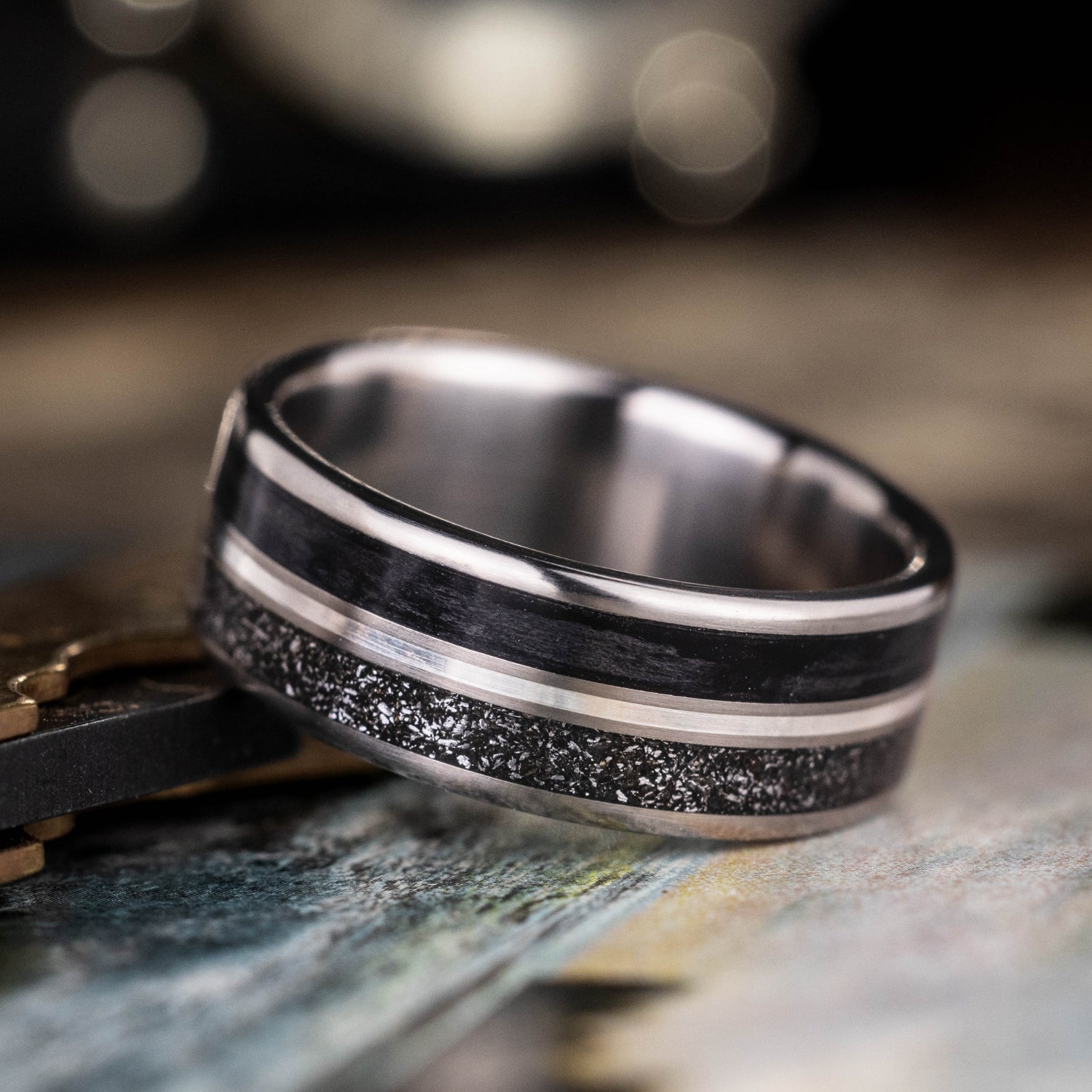 The Alchemist Men s Titanium Wedding Band with Meteorite Whiskey Barrel Rustic and Main