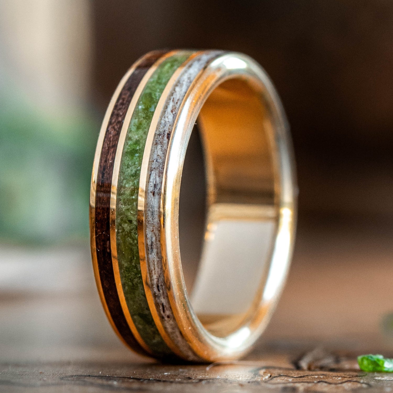The Lore | Men's Gold Wedding Band with Antler, Diopside, & Wood ...