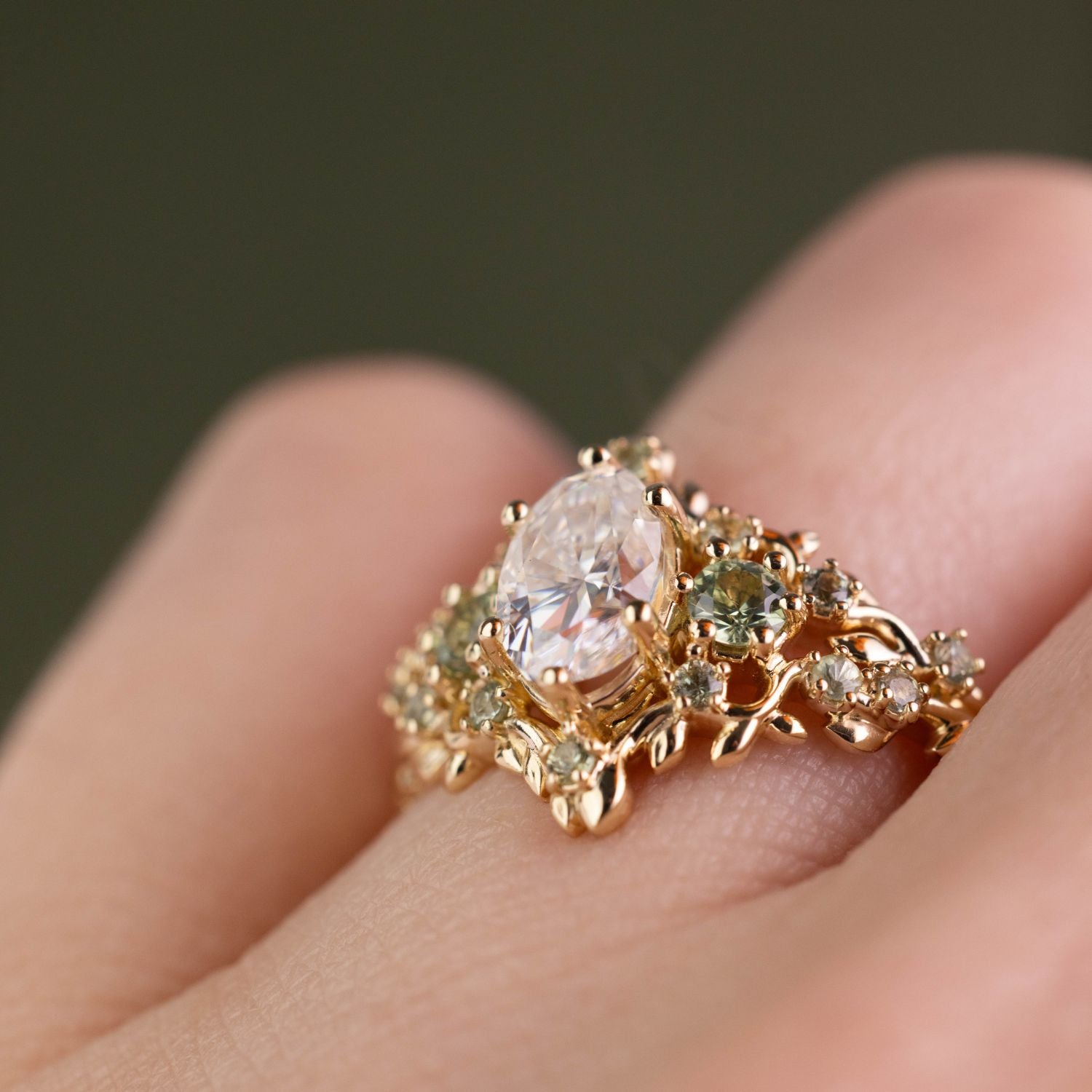 Custom Floral Vine–Inspired Oval Moissanite Engagement Ring with Green ...