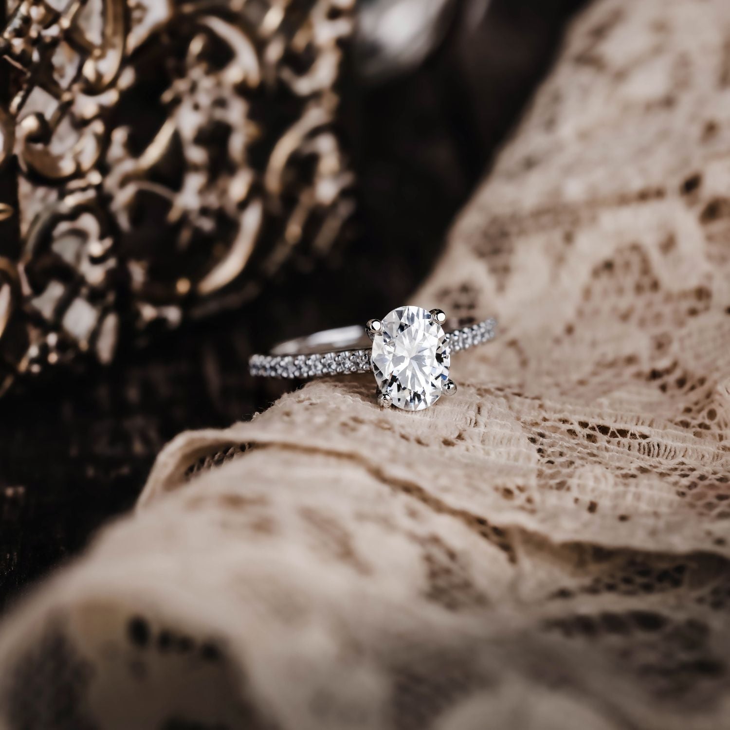 Custom Oval Moissanite Pavé Engagement Ring in White Gold – Rustic and Main