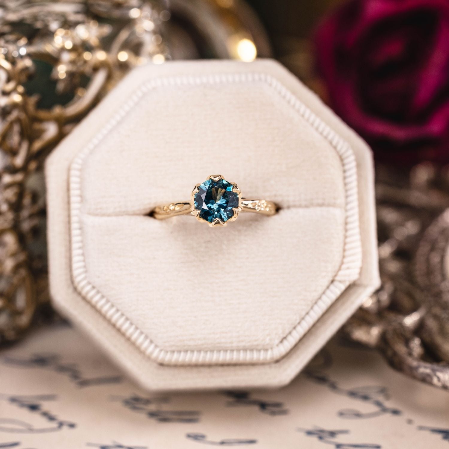 Custom Round Teal Australian Sapphire Engagement Ring in 14K Yellow Go ...