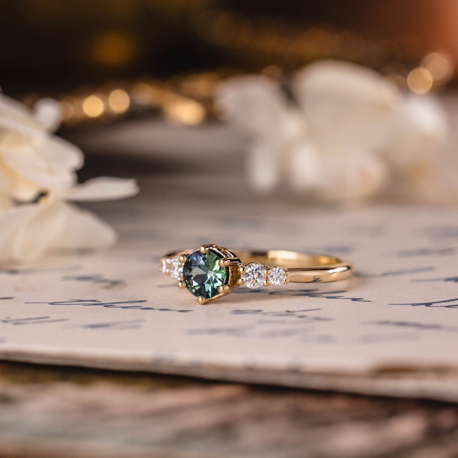 Custom Round Teal Australian Sapphire Engagement Ring in 18K Yellow Go ...