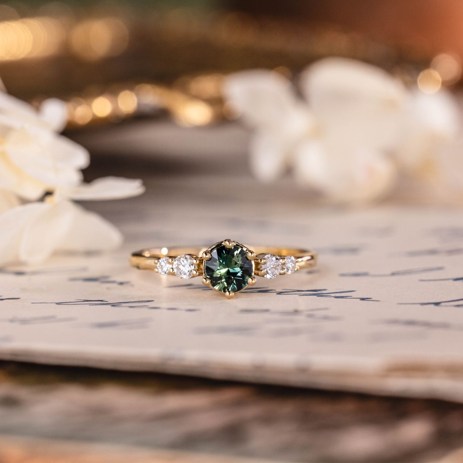 Custom Round Teal Australian Sapphire Engagement Ring in 18K Yellow Go ...