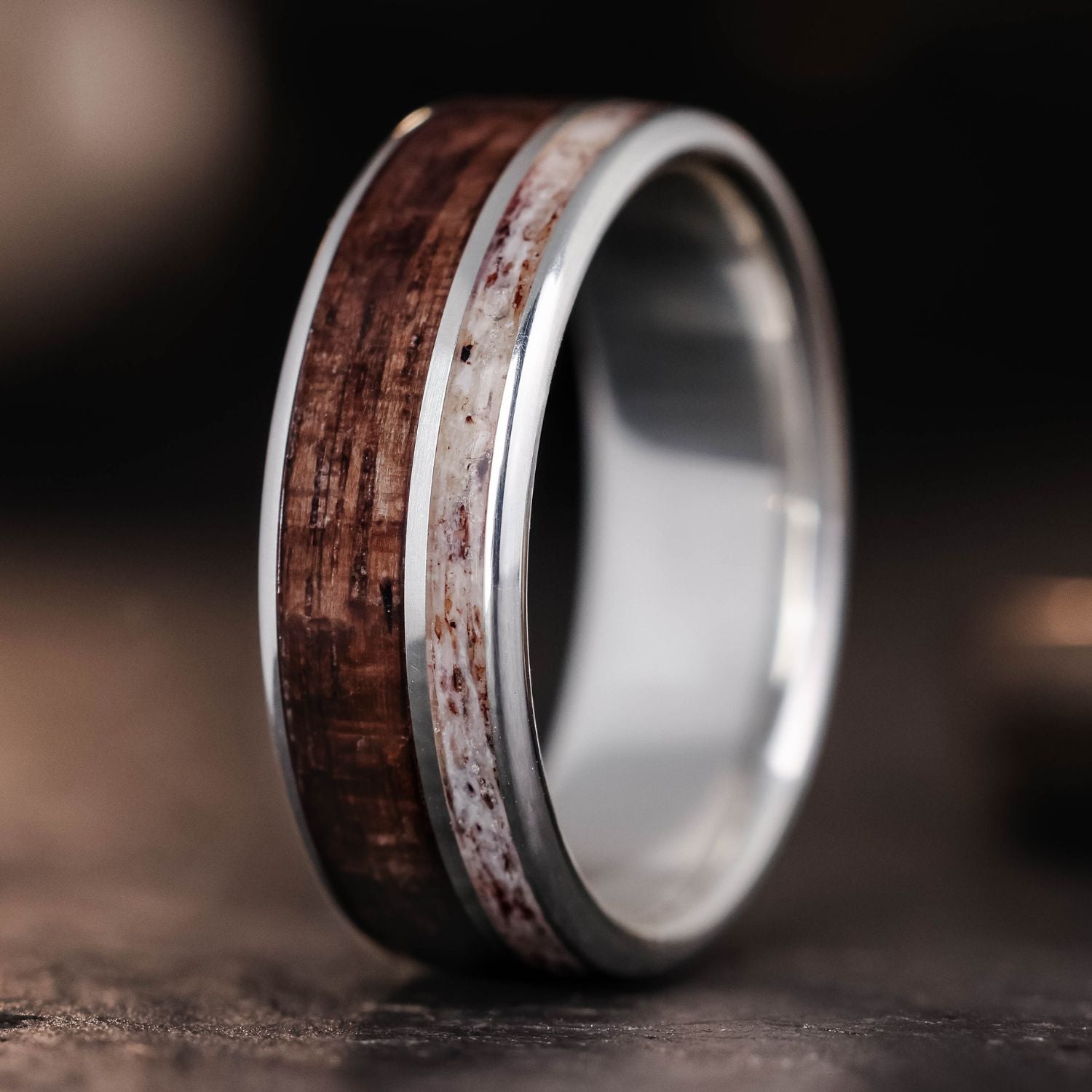 Men's Silver Wedding Ring with Elk Antler & Antique Walnut – Rustic and ...