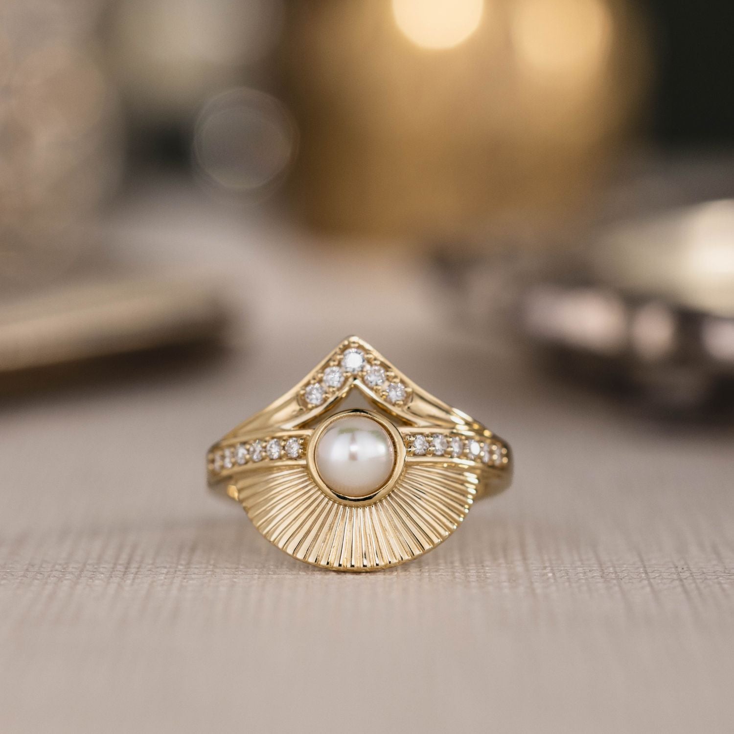 The Solara - Art Deco-Inspired Pearl Engagement Ring with Diamond Acce ...