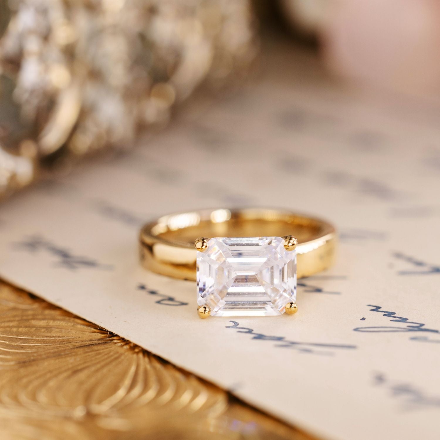 East West Emerald-Cut Diamond Engagement Ring with Thick Gold Band ...
