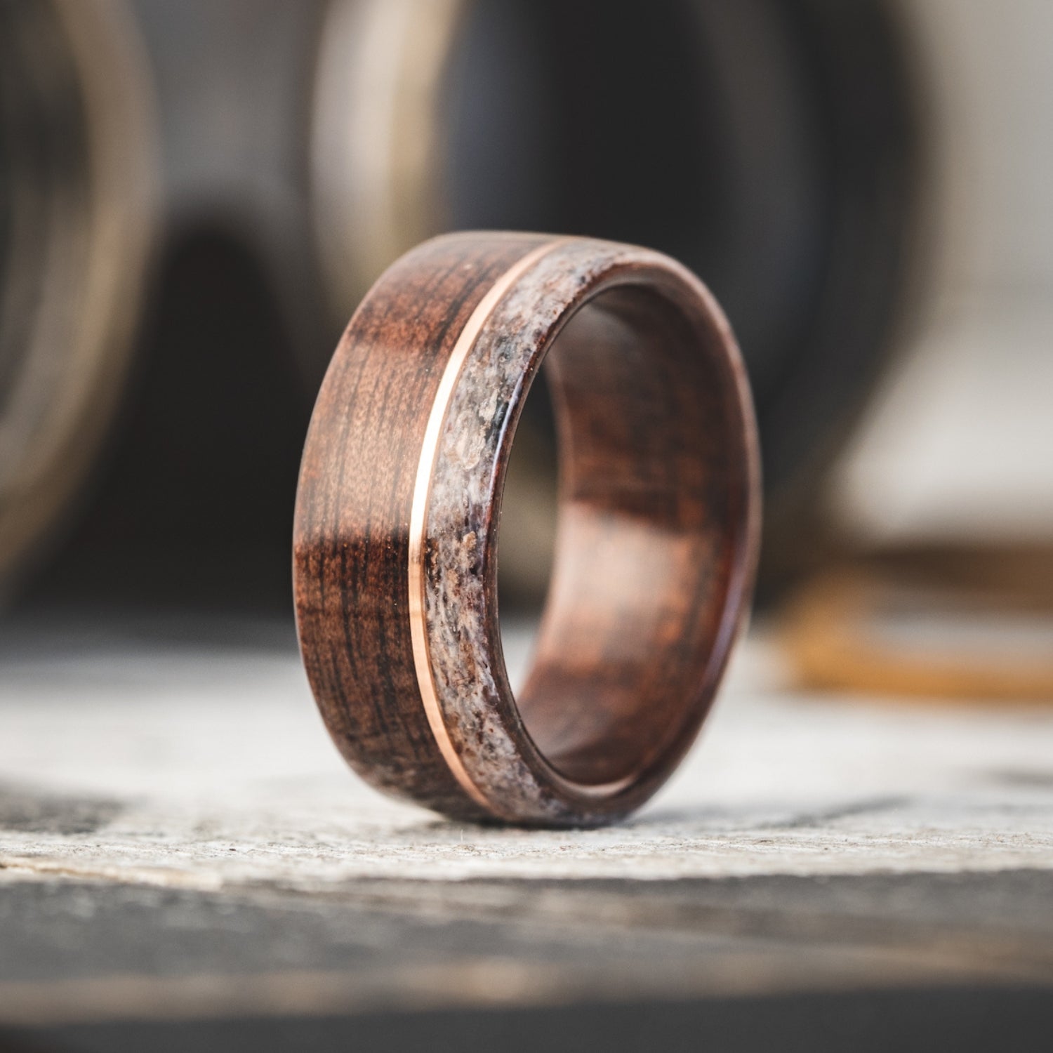 The High Country | Men's Antique Walnut Wood Wedding Band with Elk Ant ...