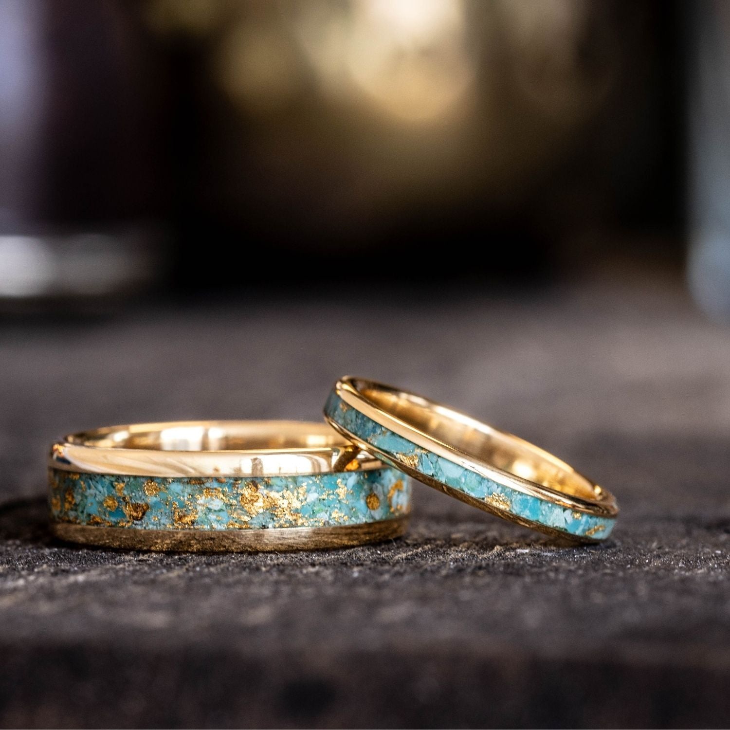 Matching Gold and Turquoise Wedding Ring Set with Gold Flakes – Rustic ...