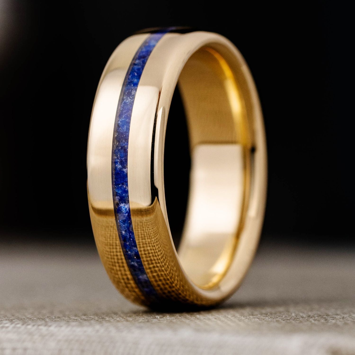 The Caspian | Men's Gold Wedding Band with Lapis Lazuli Center Inlay ...