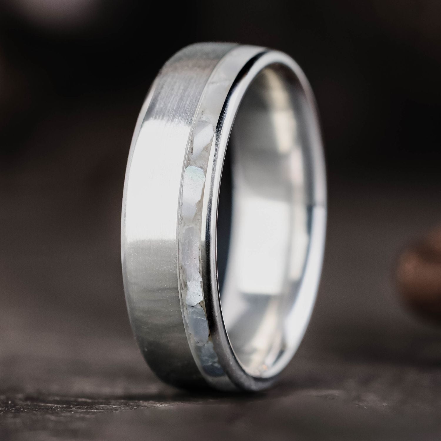 The Dune | Men's Silver Wedding Band with Offset Mother of Pearl Inlay ...