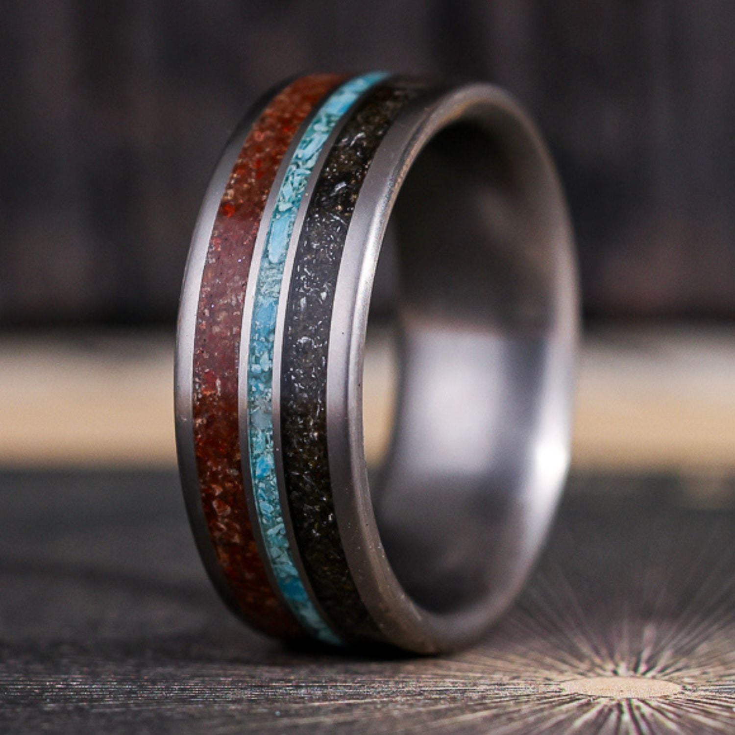 Men's Titanium Ring with Dinosaur Bone, Meteorite & Natural Turquoise ...
