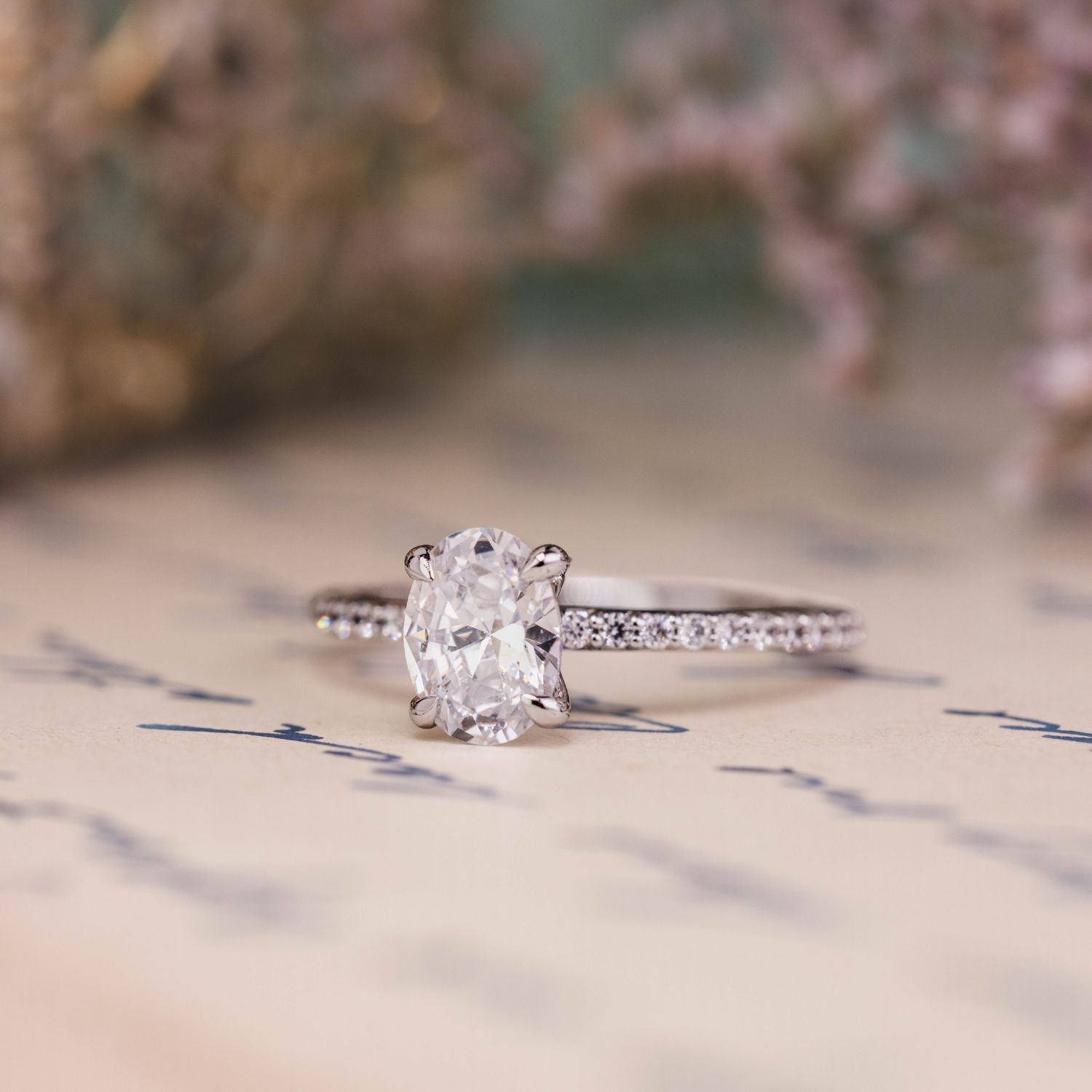 Oval Diamond Engagement Ring with Claw Prongs & Pavé Setting – Rustic ...