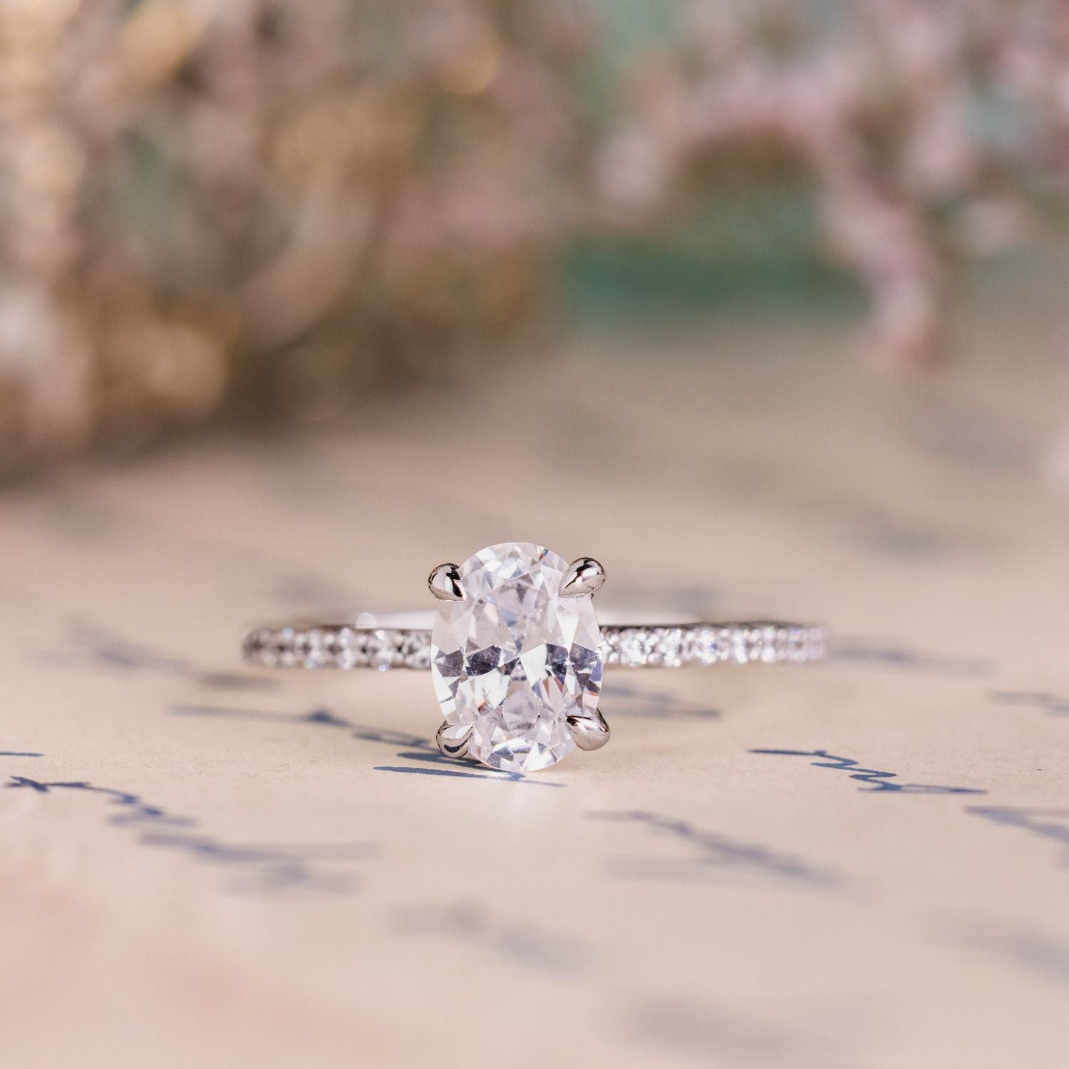 Oval Diamond Engagement Ring with Claw Prongs & Pavé Setting – Rustic ...
