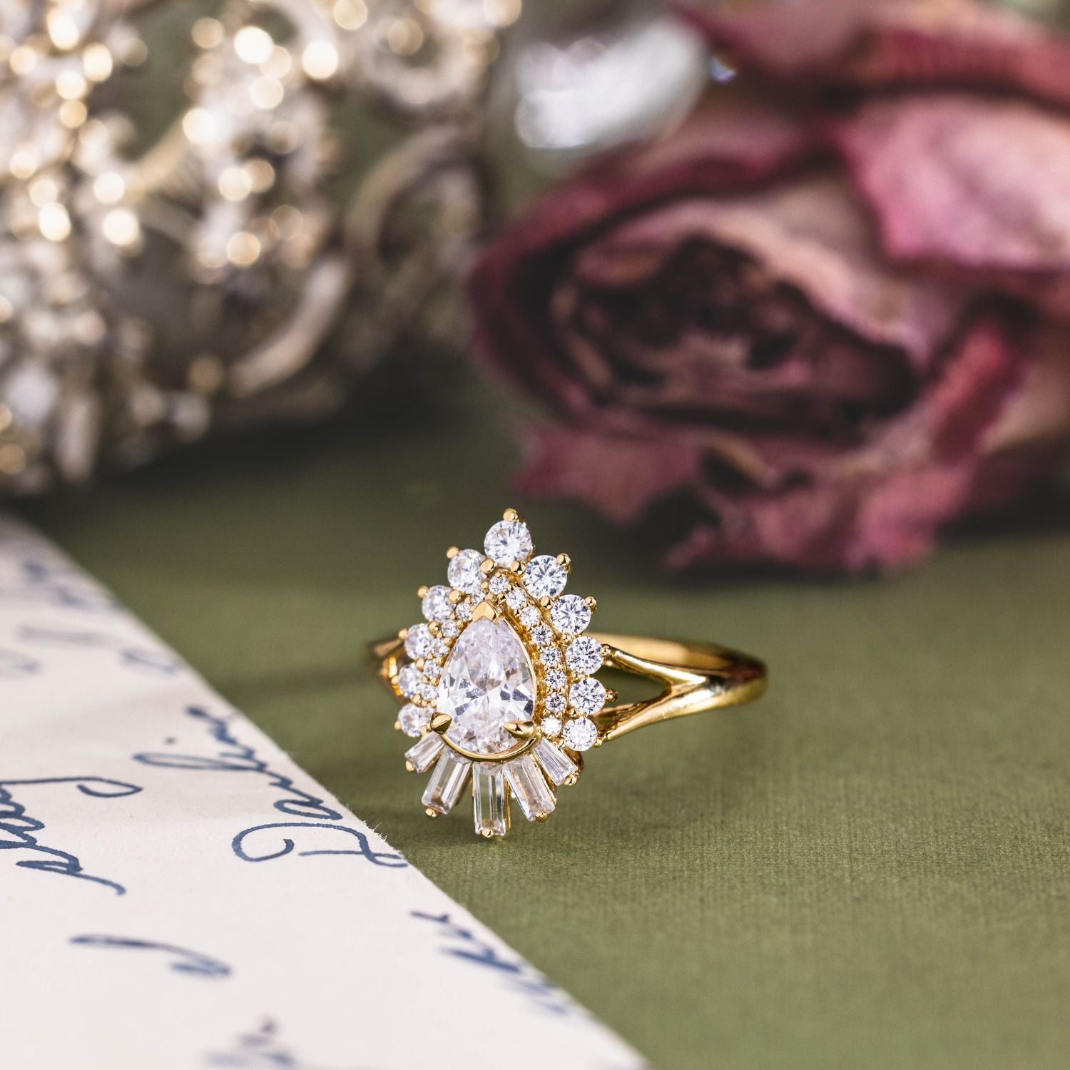 Pear Diamond Engagement Ring with Art Deco Double Halo & Split Shank ...