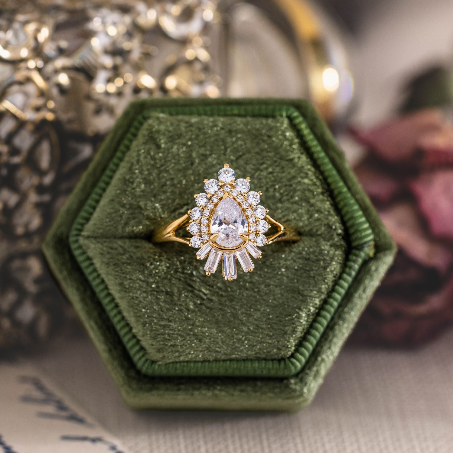 Pear Diamond Engagement Ring with Art Deco Double Halo & Split Shank ...