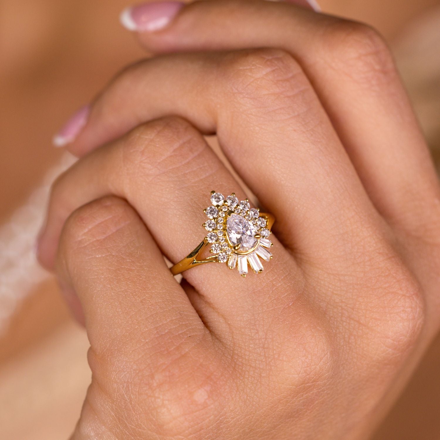 Pear Diamond Engagement Ring with Art Deco Double Halo & Split Shank ...