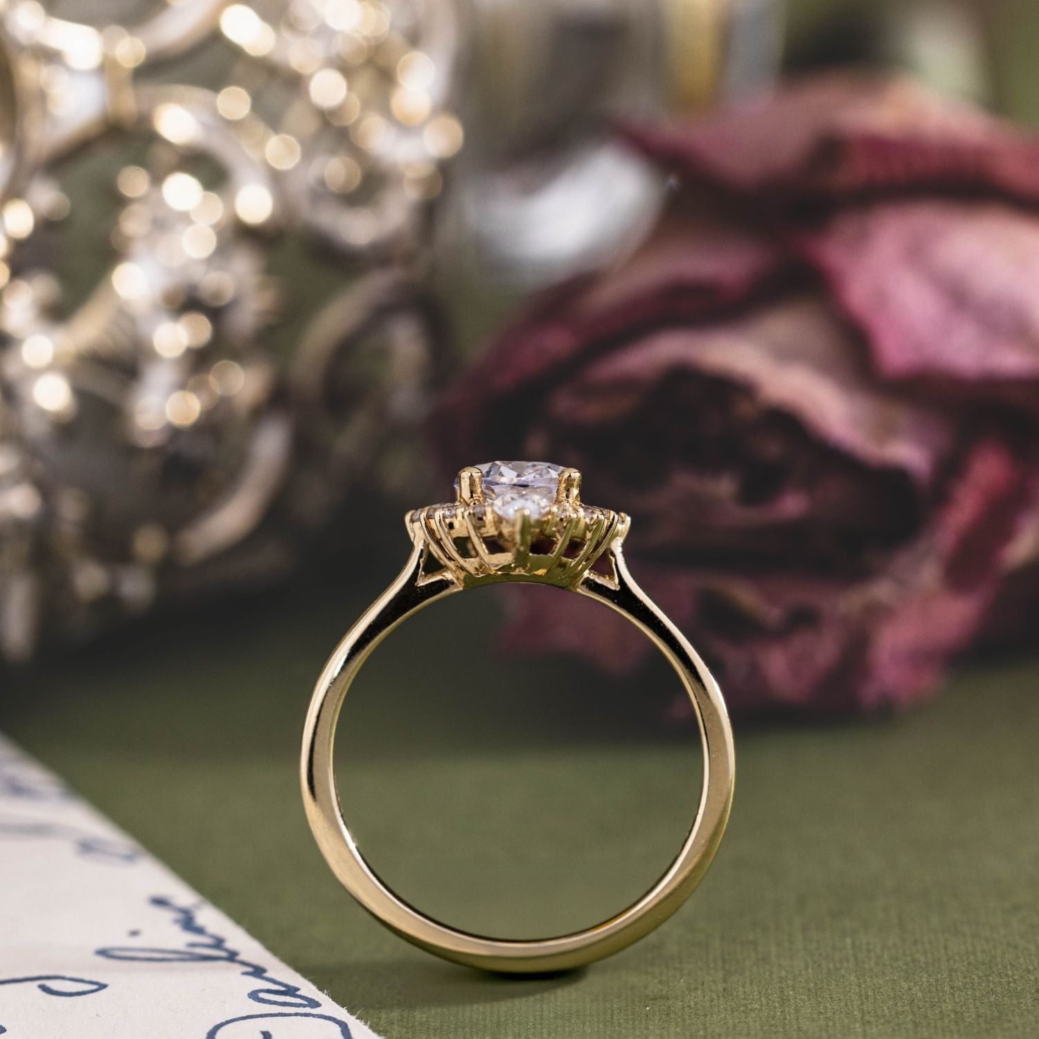 Oval Diamond Engagement Ring with Starburst Diamond Halo – Rustic and Main