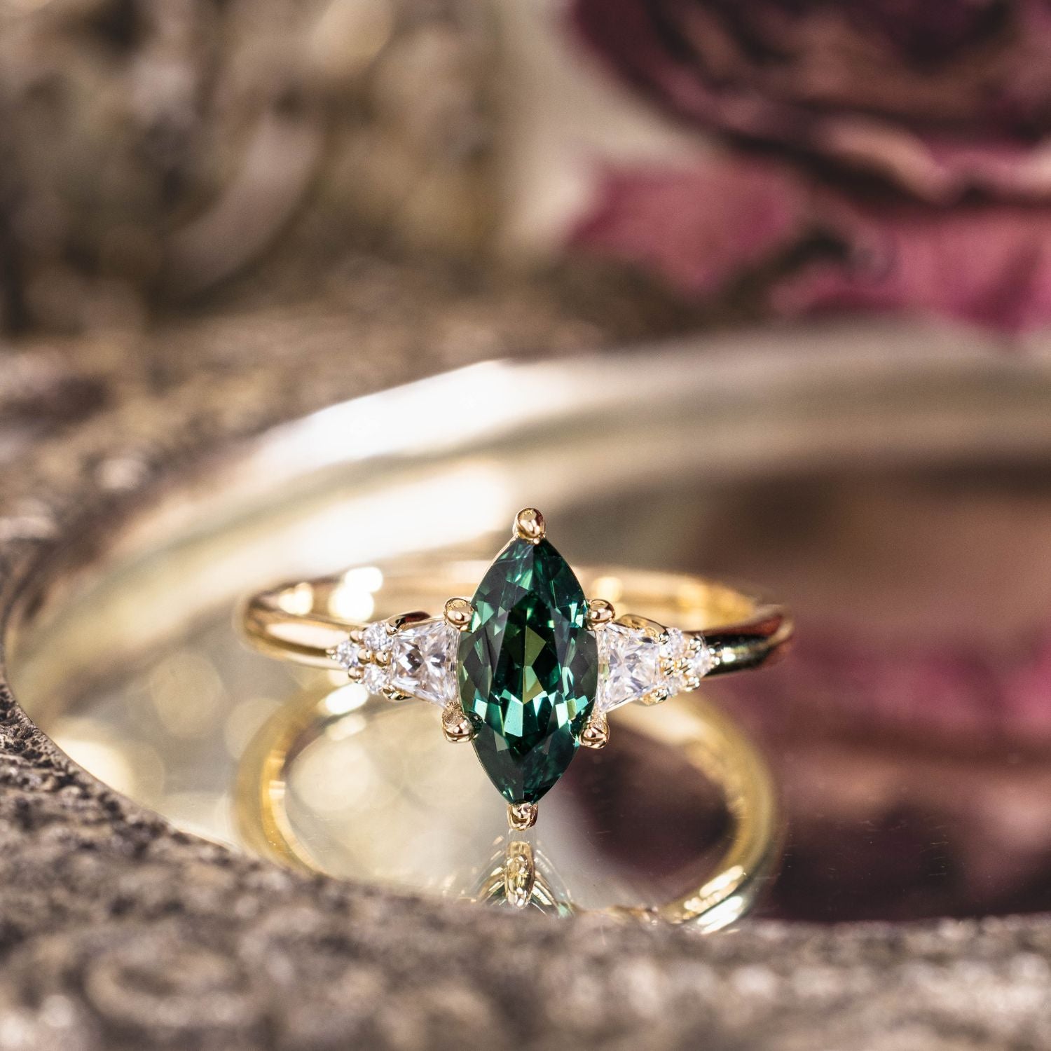 Green Sapphire Marquise Cut Engagement Ring with Diamond Accents ...