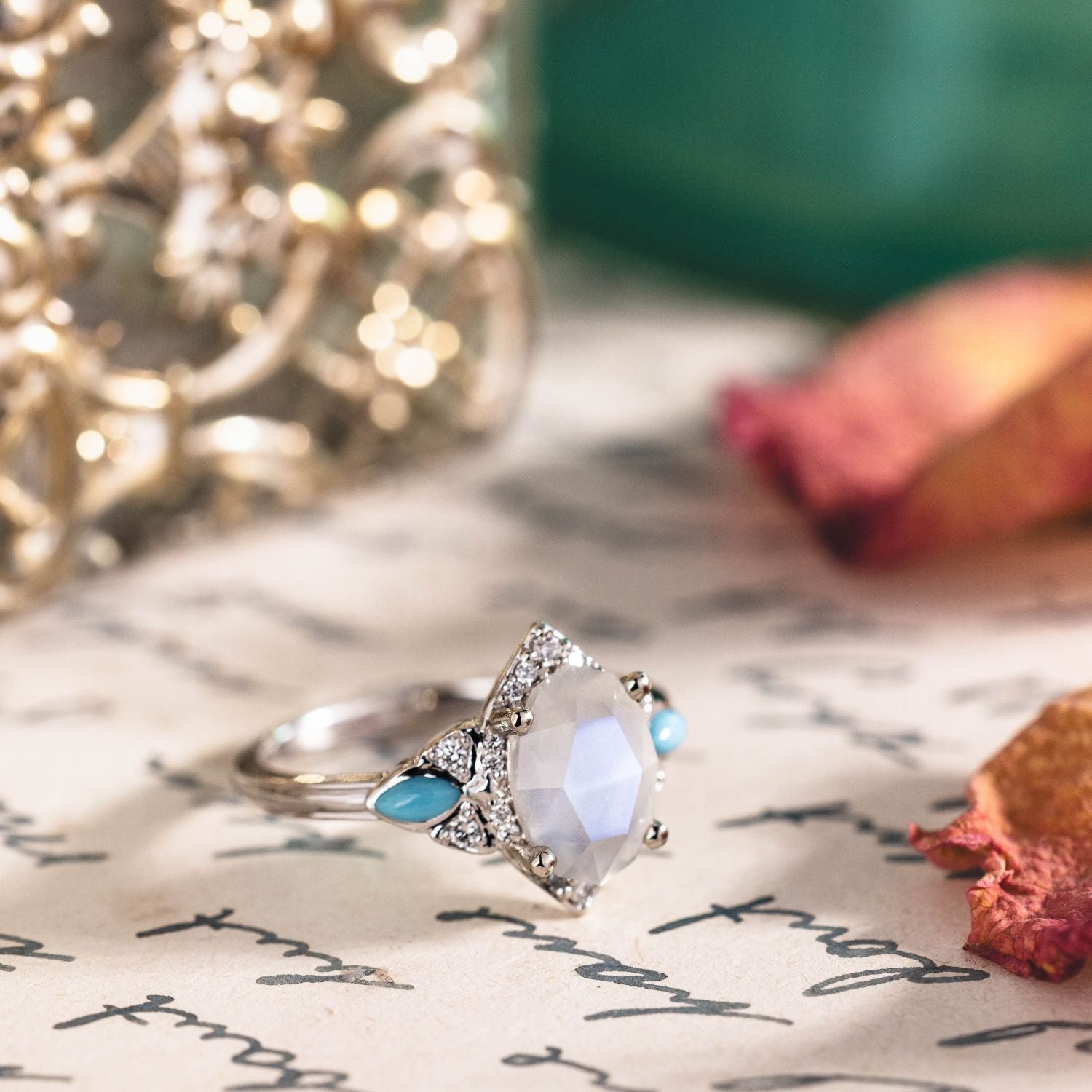 Oval Moonstone Engagement Ring with Turquoise Accents & Lab-Grown ...