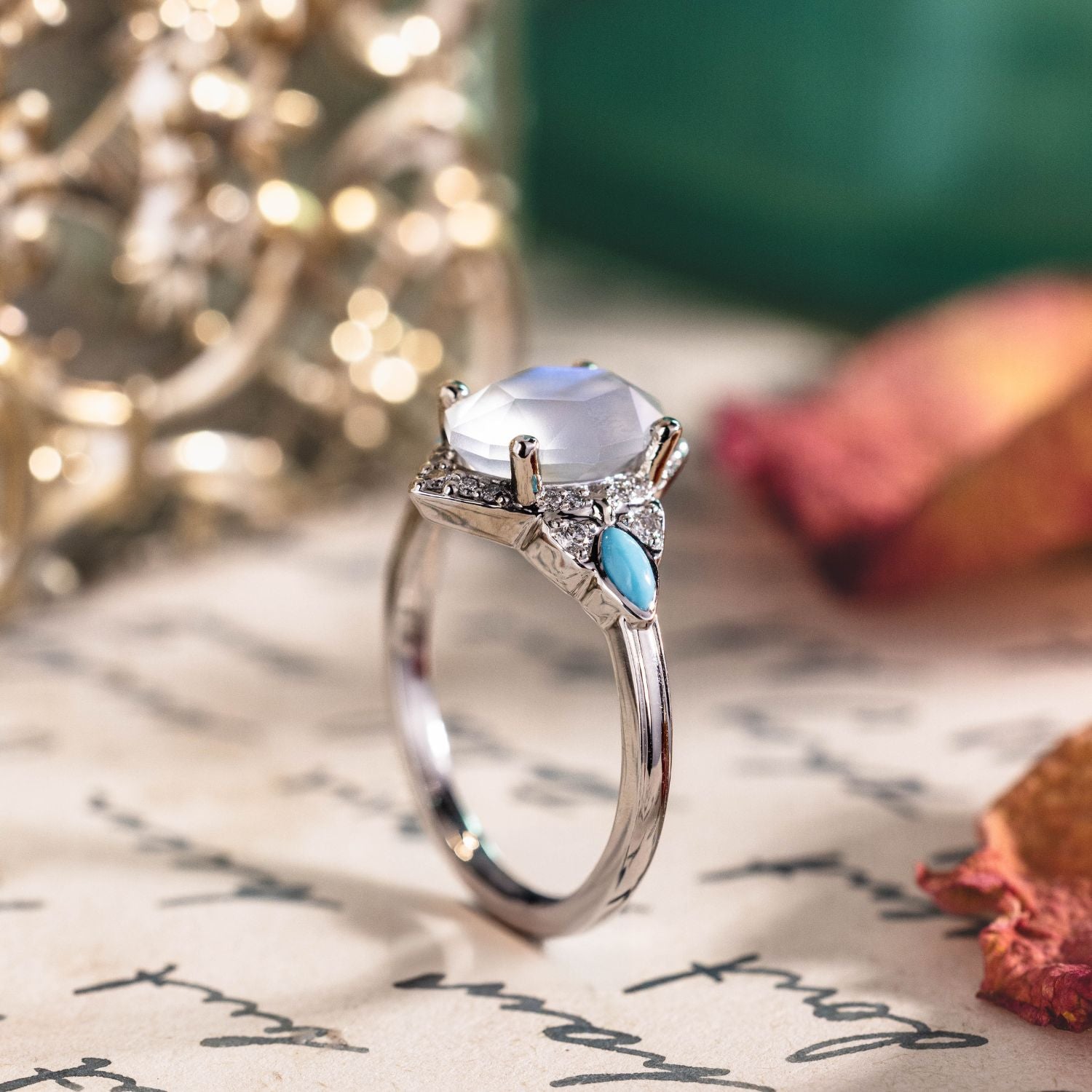 Oval Moonstone Engagement Ring with Turquoise Accents & Lab-Grown ...