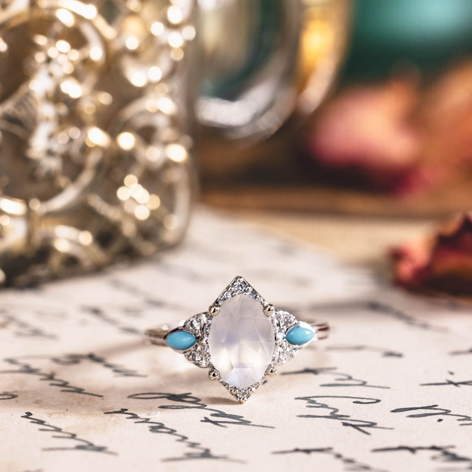 Oval Moonstone Engagement Ring with Turquoise Accents & Lab-Grown ...