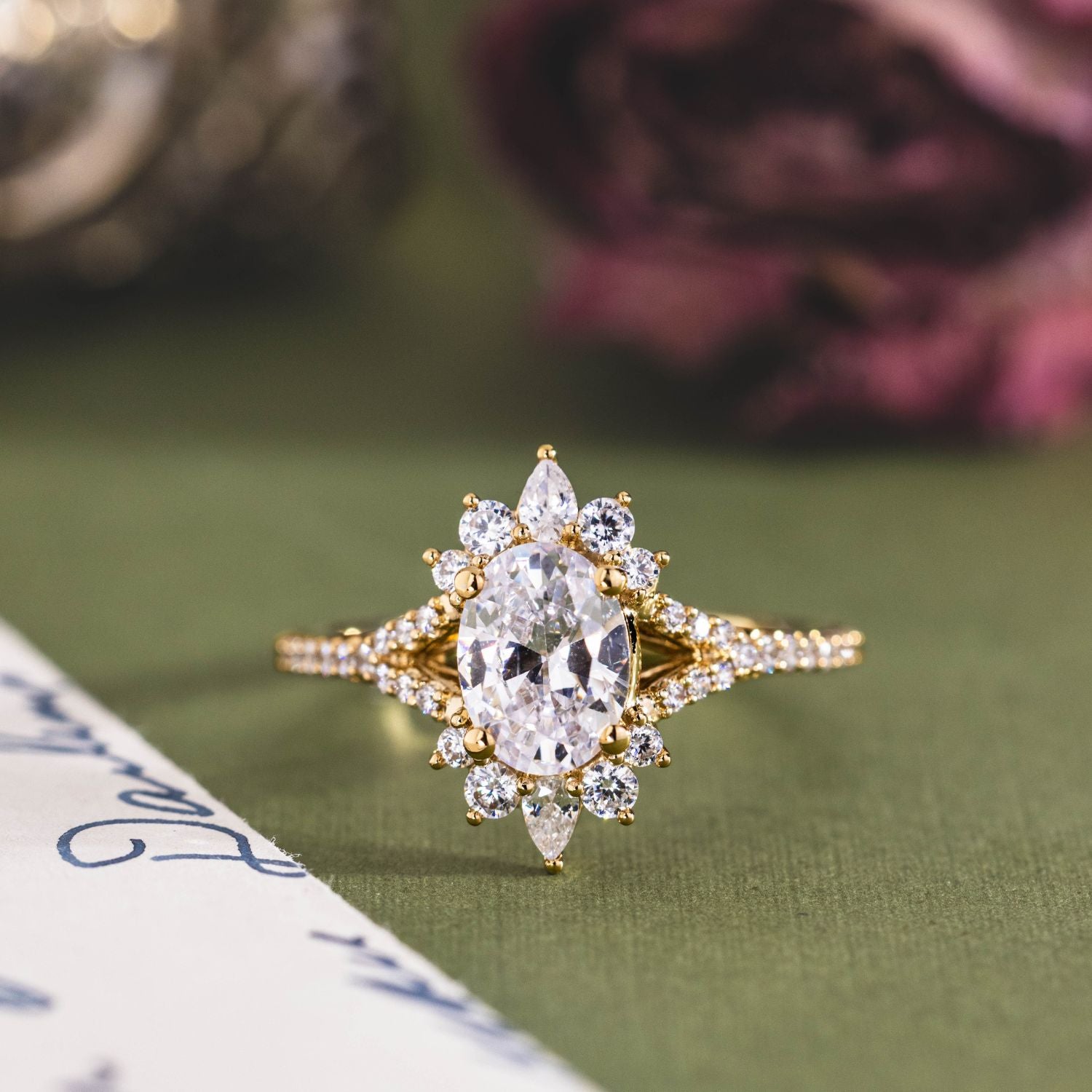 Oval Diamond Engagement Ring with Starburst Halo & Pavé Split Shank ...