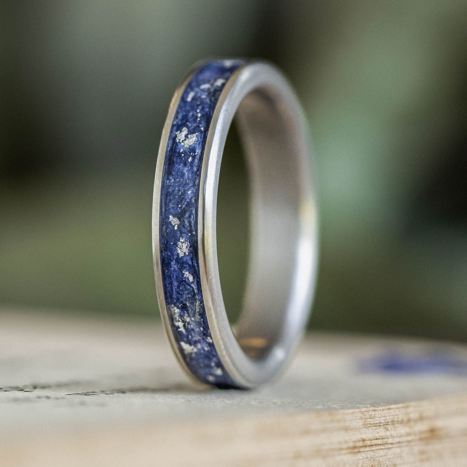 Women's Titanium Ring with Blue Flowers and Silver Flakes – Rustic and Main